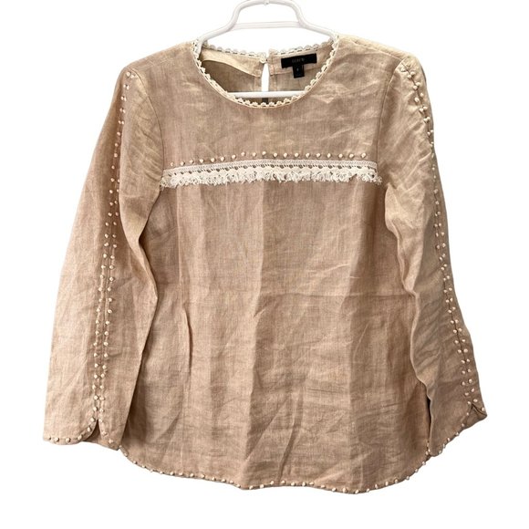 J. Crew Factory | Tops | J Crew Embroidered Linen Top F825 Flax Tan ...